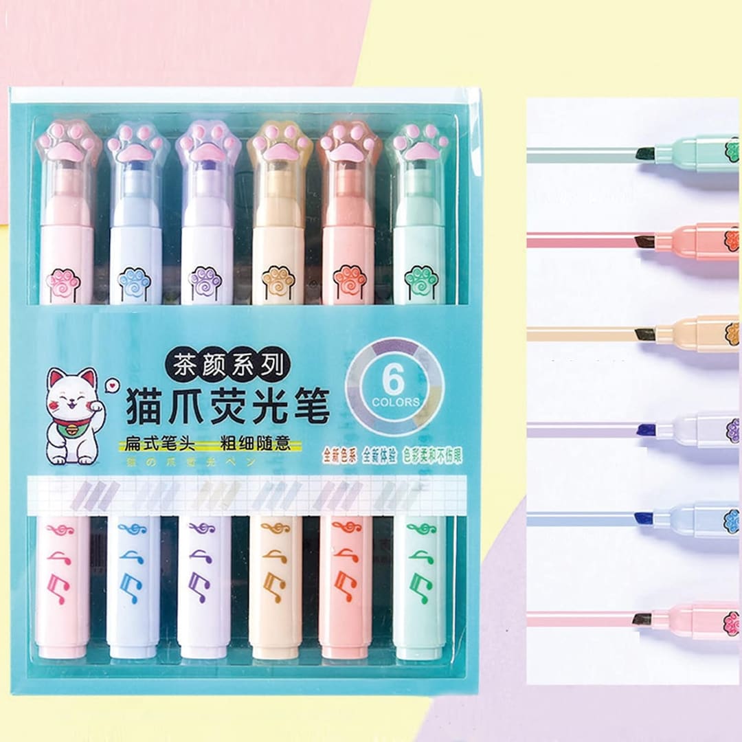 6 Pcs Cat Highlighter Marker Cute Cat Paw Pastel Highlighter Marker ...