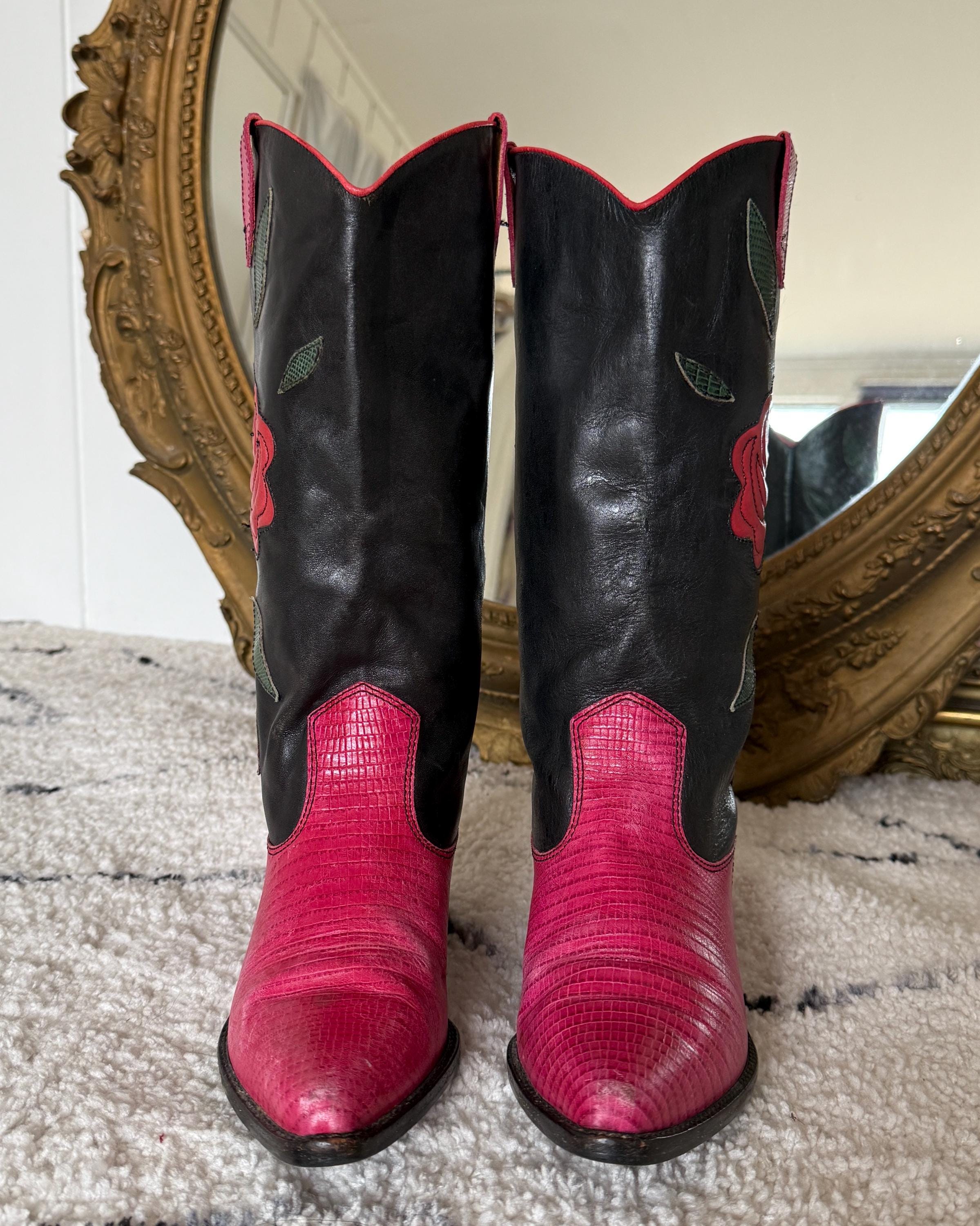 Vintage Nine West Rose Cowboy Boots - Vintage Red and Black Floral ...