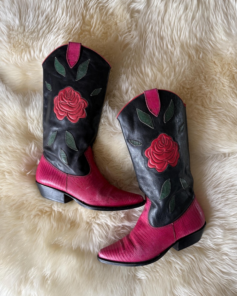 Vintage Nine West Rose Cowboy Boots - Vintage Red and Black Floral ...