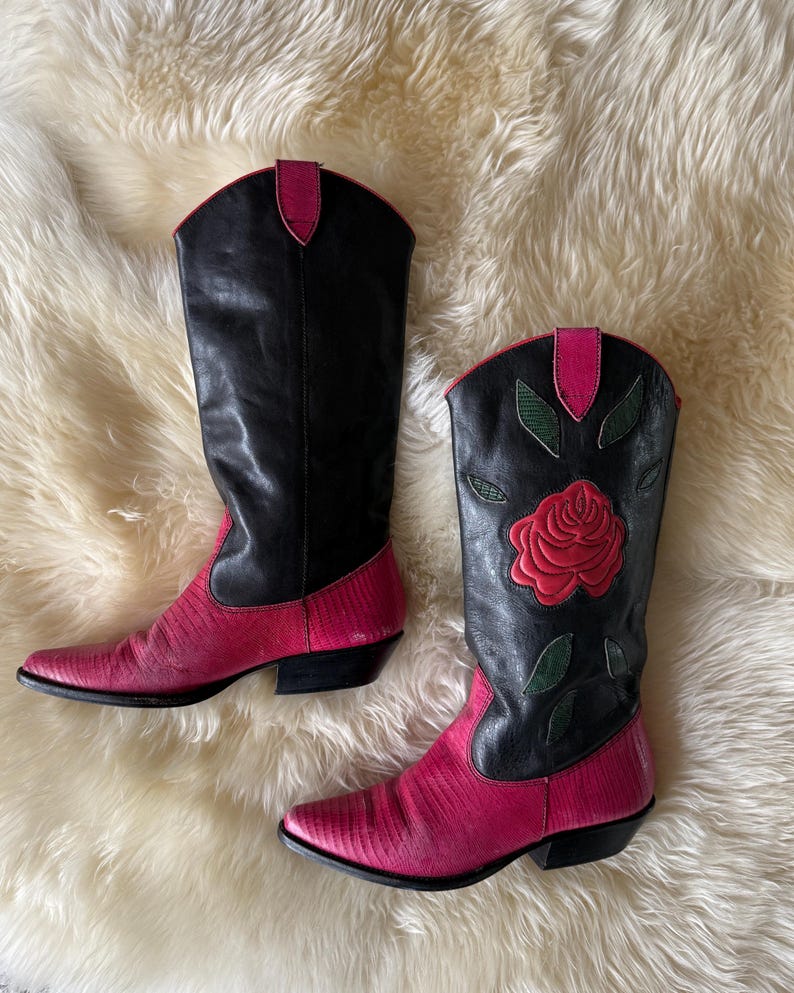 Vintage Nine West Rose Cowboy Boots - Vintage Red and Black Floral ...