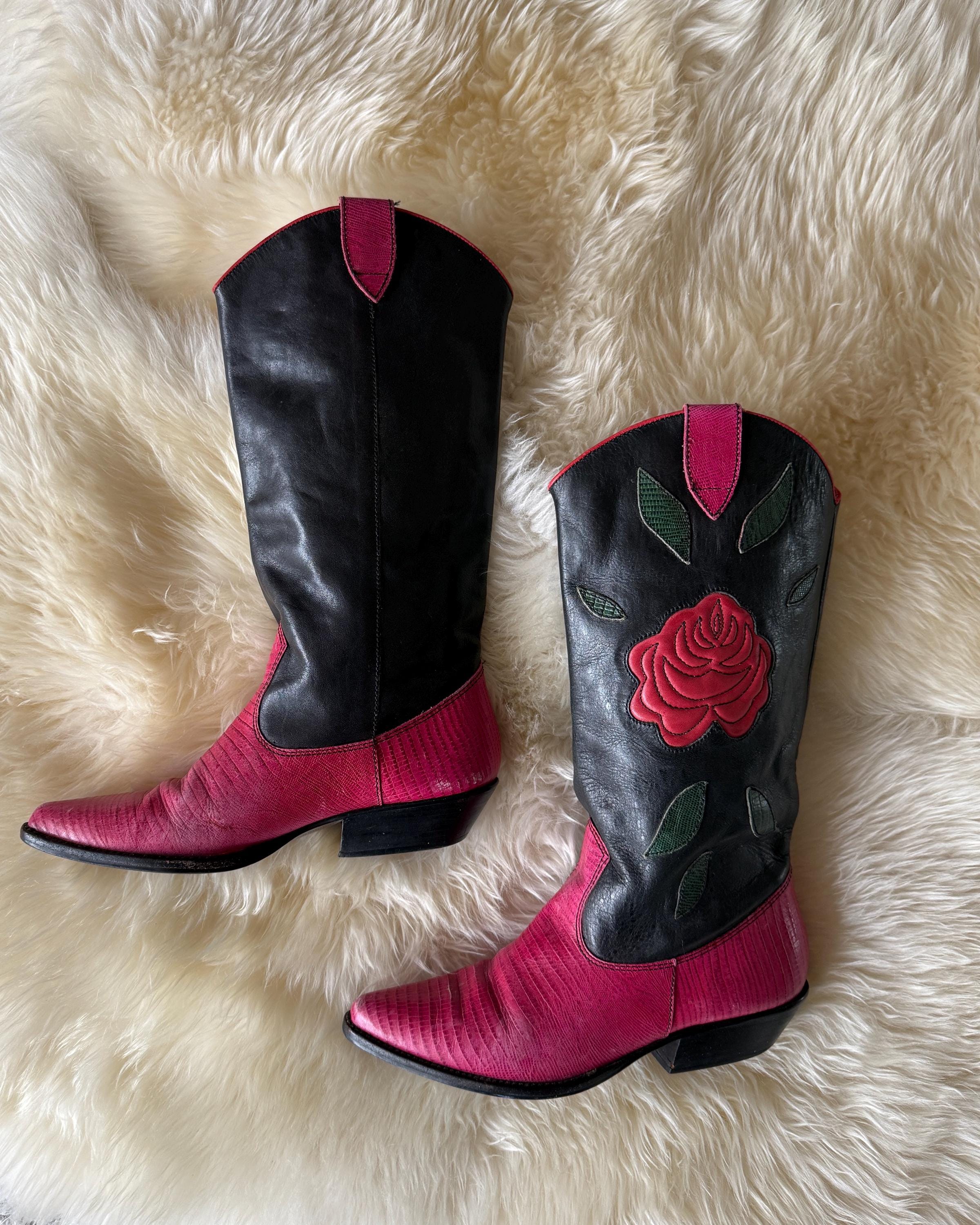 Vintage Nine West Rose Cowboy Boots - Vintage Red and Black Floral ...