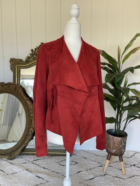 Y2K Burnt Orange Faux Suede Jacket with Lace Up Detai… - Gem