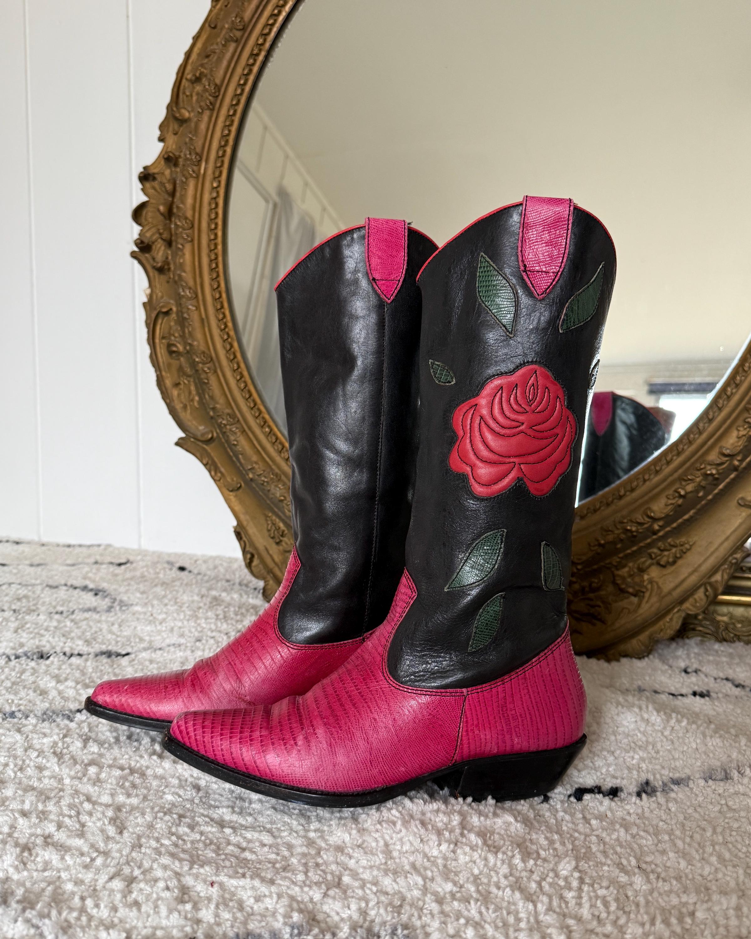 Vintage Nine West Rose Cowboy Boots - Vintage Red and Black Floral ...
