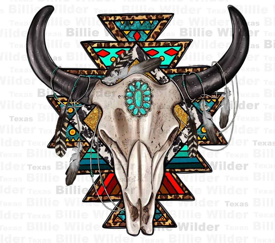 Western Aztec Bull Skull With Gemstone Png Sublimation Design Download ...