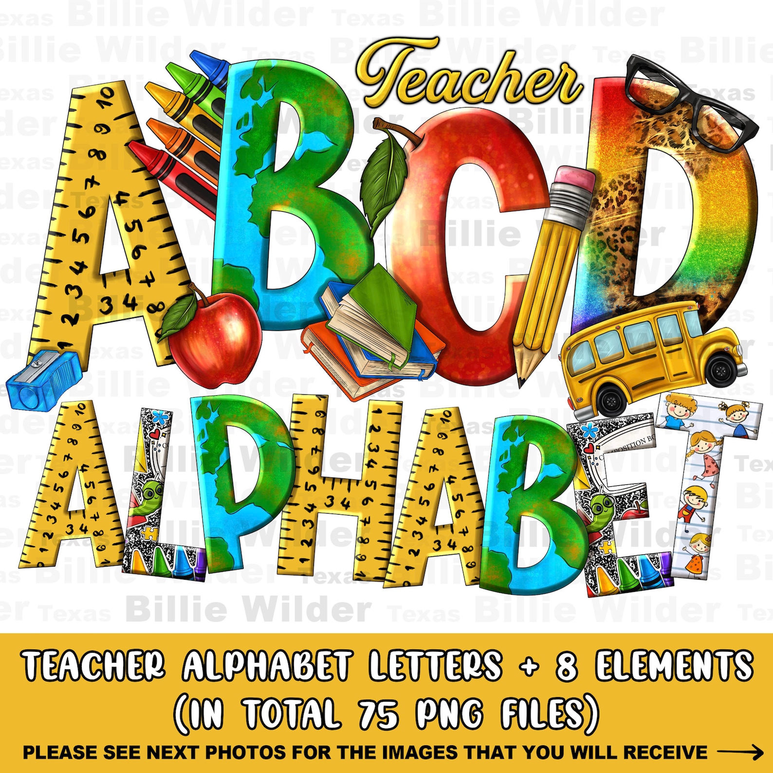 Teacher Alphabet Png Files Bundle, Teacher's Day Doodle Letters Png ...