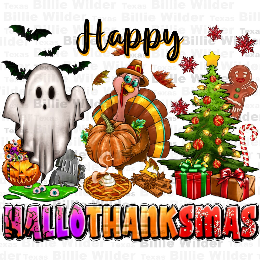 Happy Hallothanksmas With Ghost Turkey and Tree Png, Thanksgiving Png ...