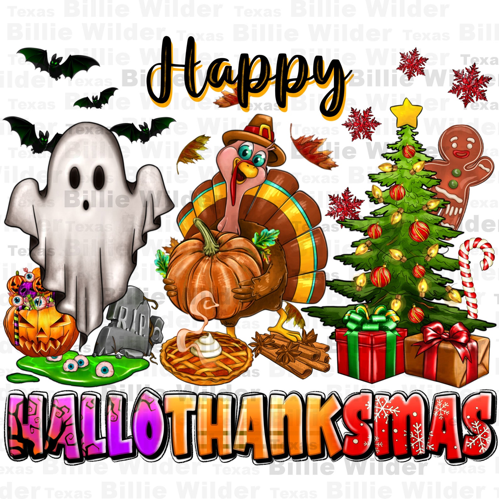 Happy Hallothanksmas With Ghost Turkey and Tree Png, Thanksgiving Png ...