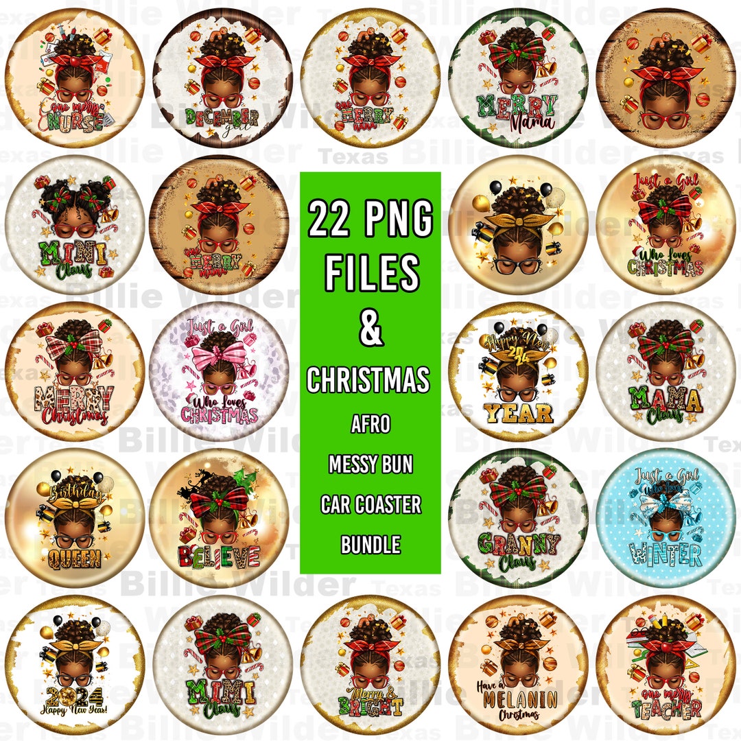 Christmas Afro Messy Bun Car Coaster Bundle Png, Merry Christmas Png ...