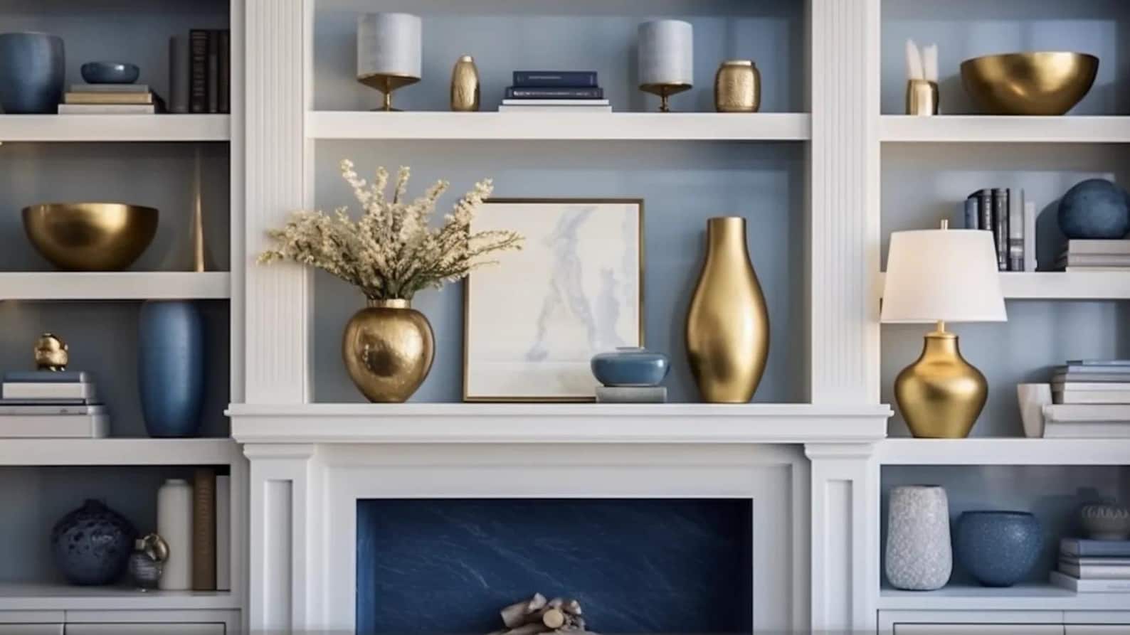 Zoom Background Virtual Videoconferences Blue Gold Modern Shelving Zoom ...