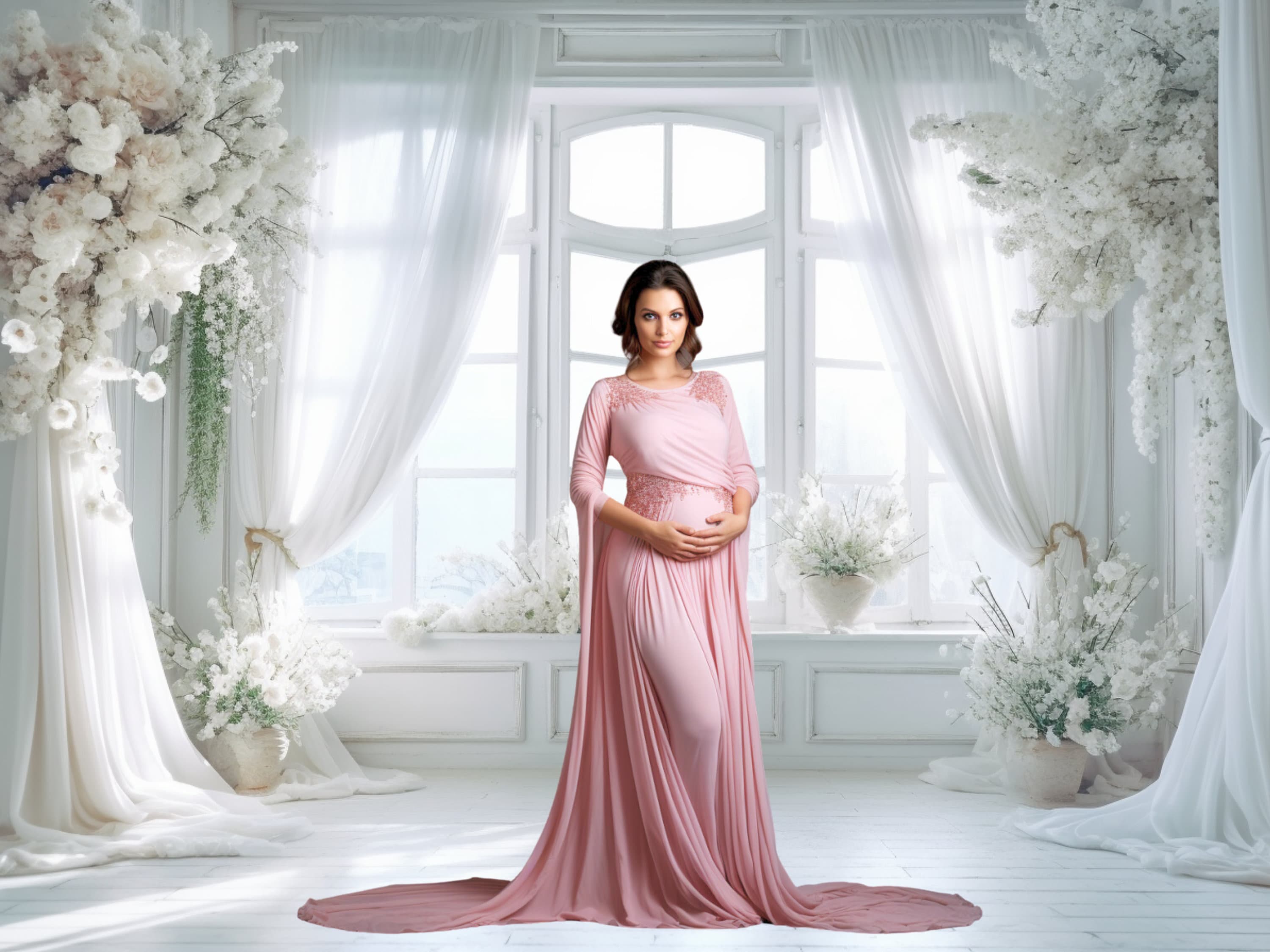Flower White Room Curtain Backdrops Digital, Pregnant Backdrop ...