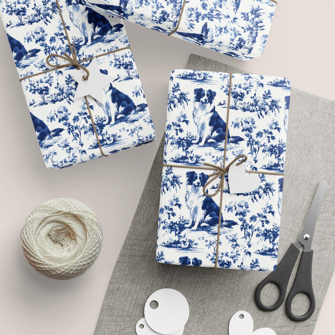 Border Collie French Toile De Jouy Wrapping Paper, Collie Blue Toile ...