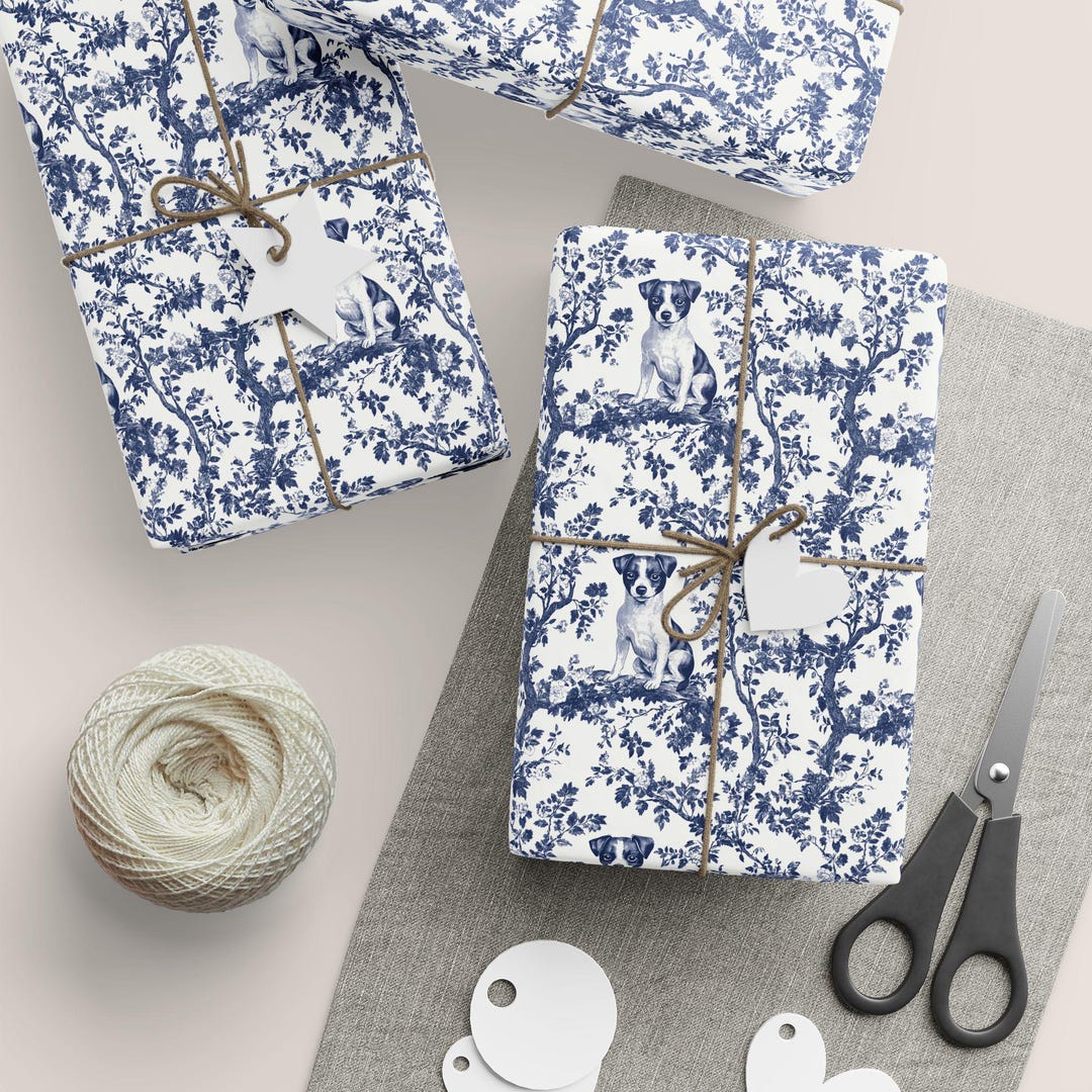 Jack Russell French Toile De Jouy Wrapping Paper, Jack Blue Toile ...