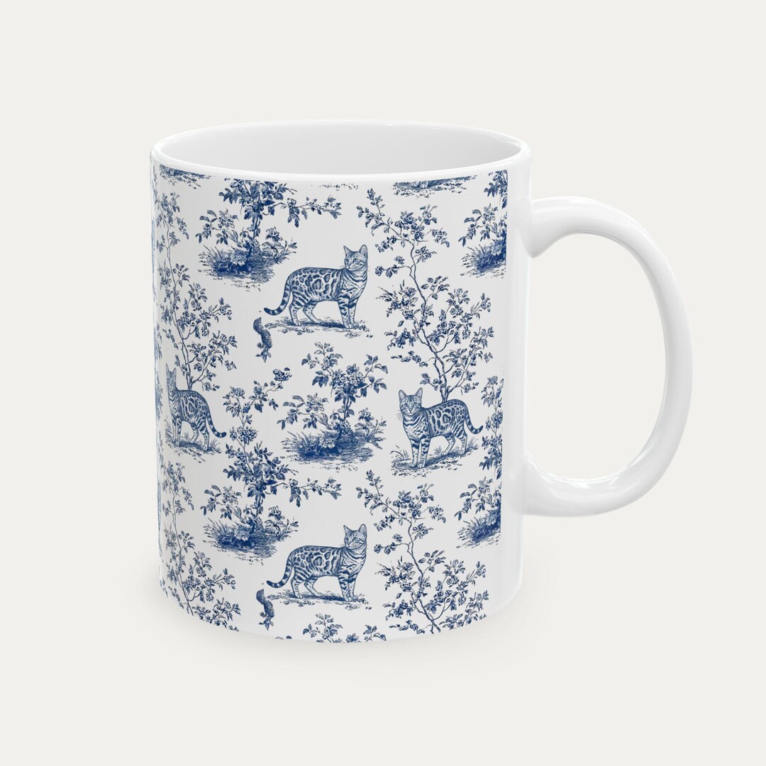 Bengal Cat Blue French Toile De Jouy Mug, Bengal Mug, Bengal Cat Mom ...
