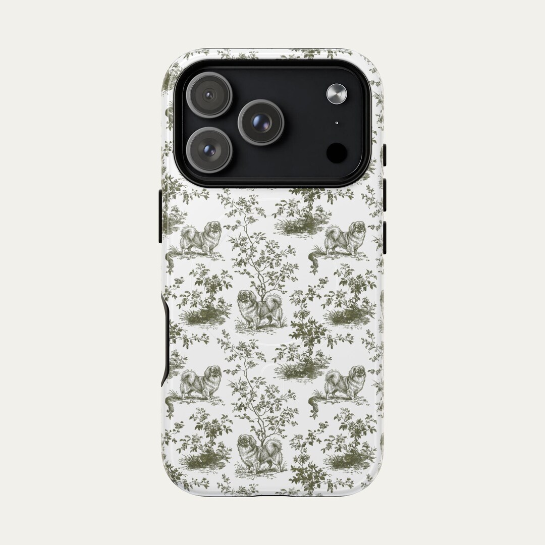 Pekingese Sage Green Toile Phone Case, French Toile Dog Case, Vintage ...