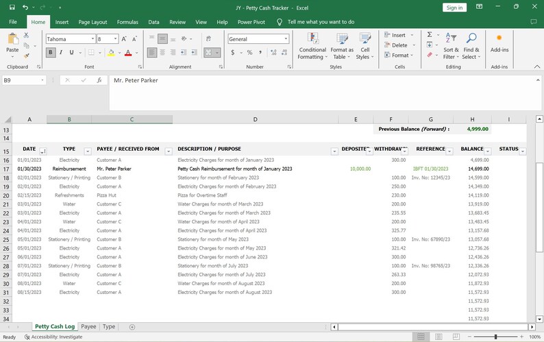 Editable Petty Cash Log Template | Auto-calculation Spreadsheet (excel ...