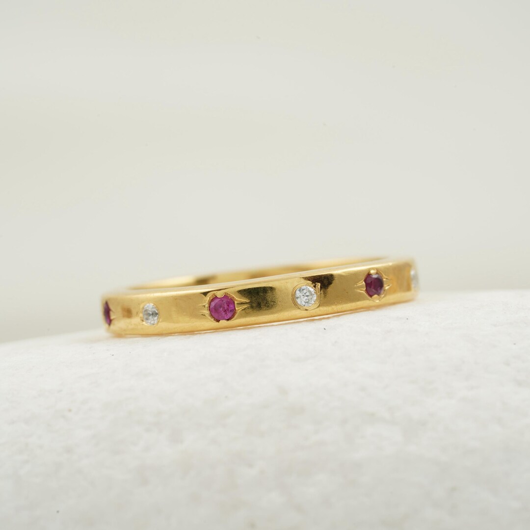 14k Solid Gold Ruby Band, Ruby, and Diamond Wedding Band, Simple Gold ...