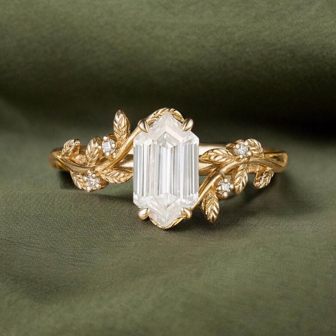 Elongated Hexagon Cut Moissanite Engagement Ring Art Deco Twig Branch ...