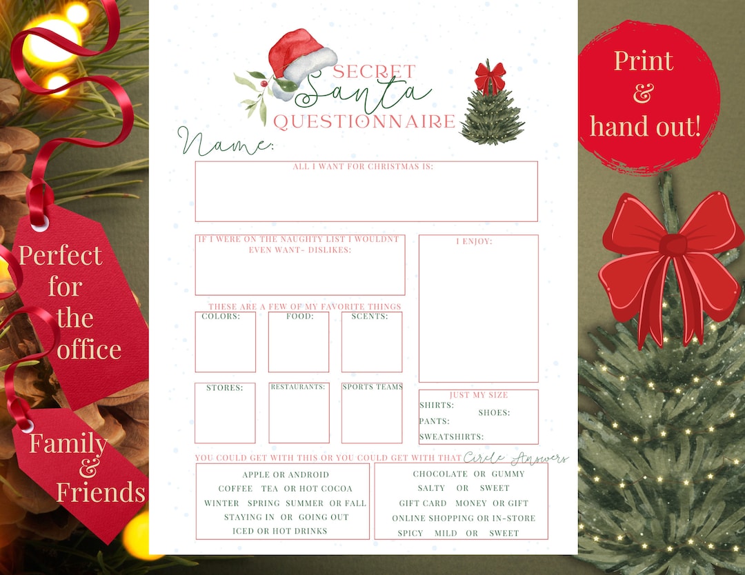 Secret Santa Questionnaire, Christmas Gift Exchange Form, Office ...