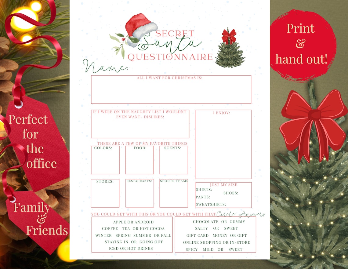 Secret Santa Questionnaire, Christmas Gift Exchange Form, Office ...