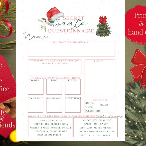 Secret Santa Questionnaire, Christmas Gift Exchange Form, Office ...