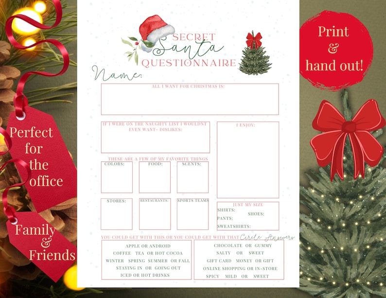 Secret Santa Questionnaire, Christmas Gift Exchange Form, Office ...
