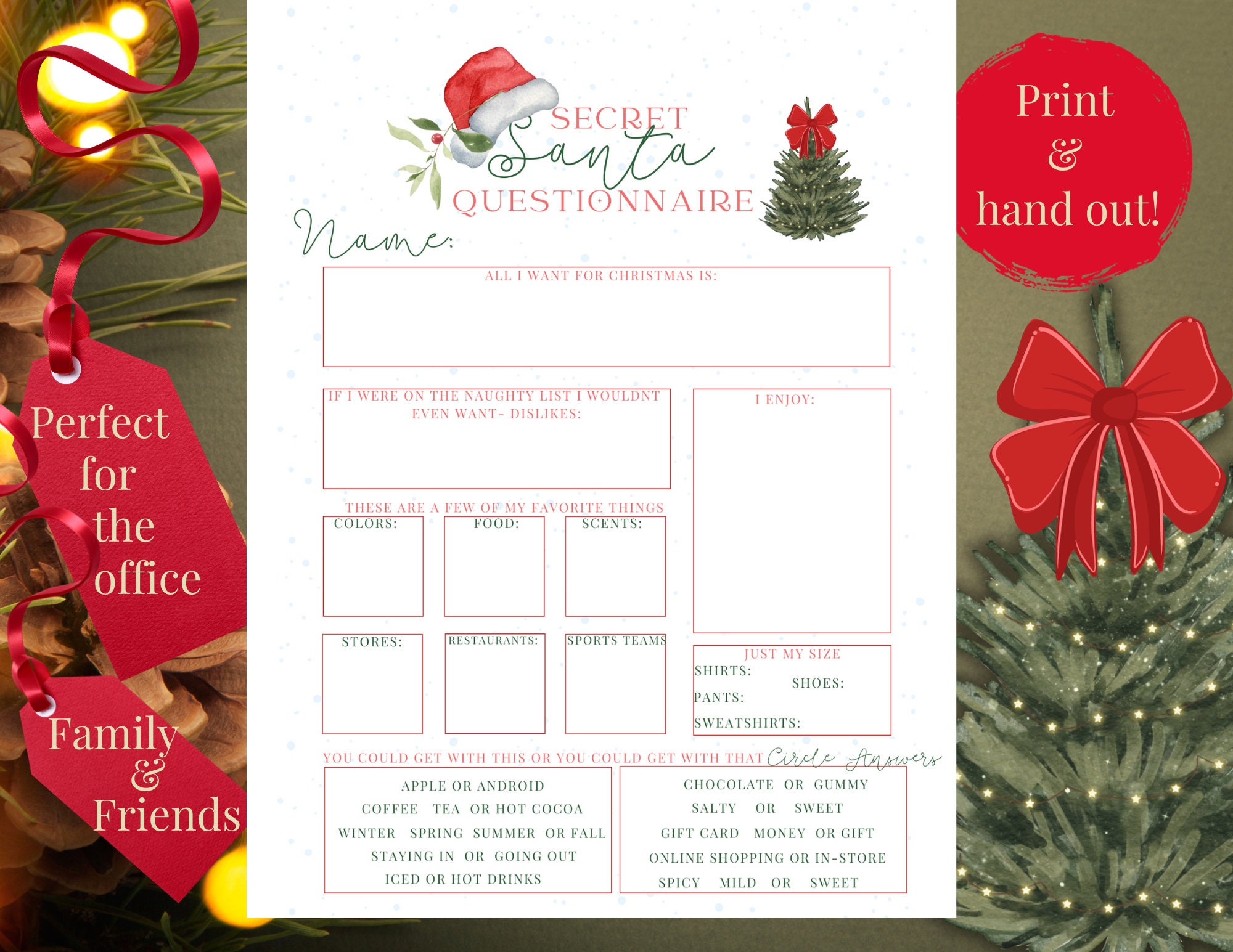 Secret Santa Questionnaire, Christmas Gift Exchange Form, Office ...