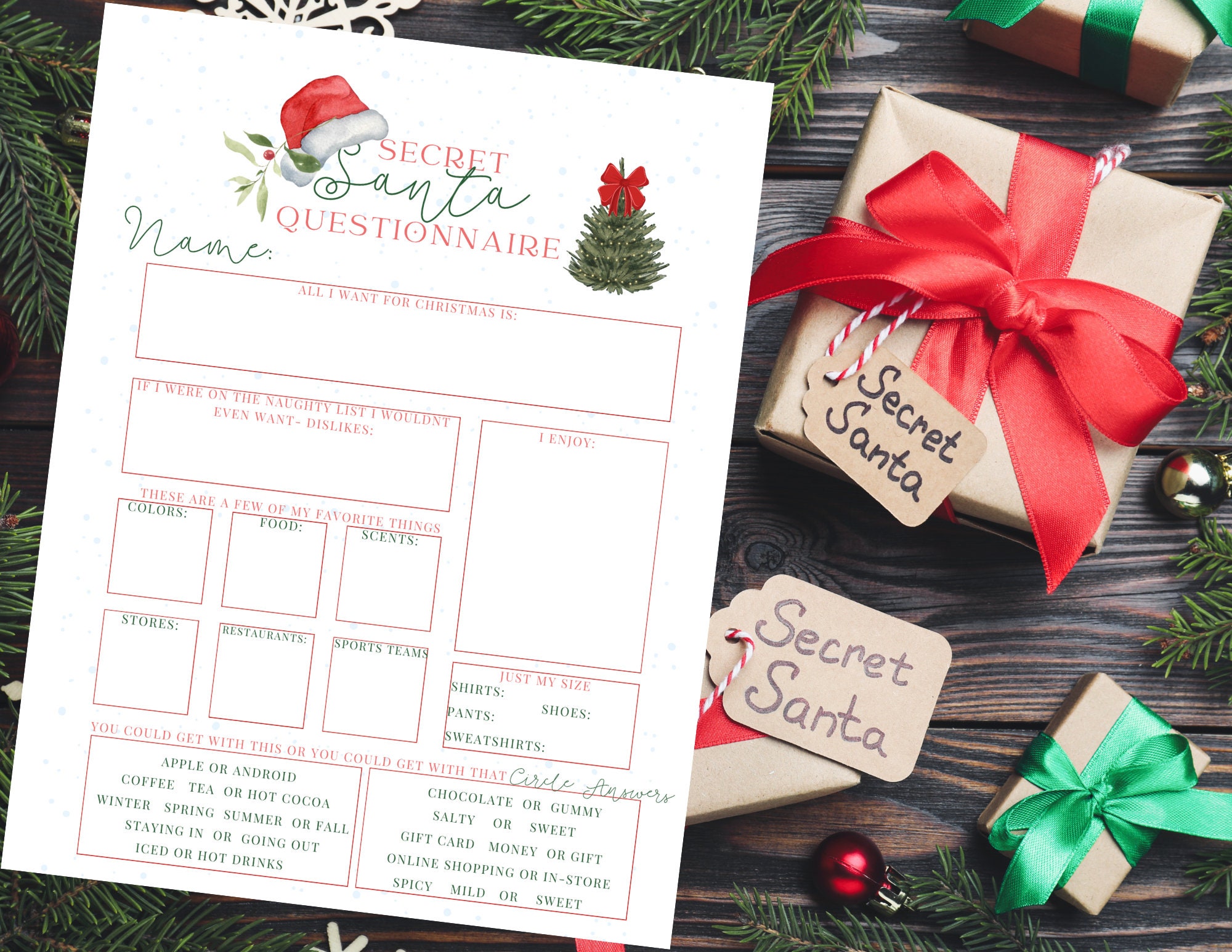 Secret Santa Questionnaire, Christmas Gift Exchange Form, Office ...