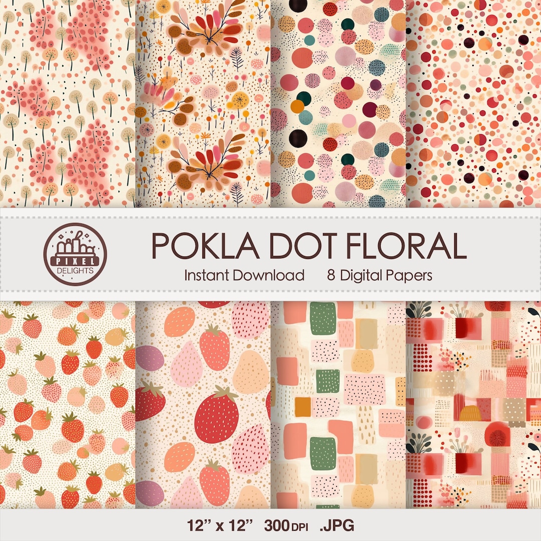 Vibrant Polka Dot Floral Digital Paper, 12"x12", Instant Download ...