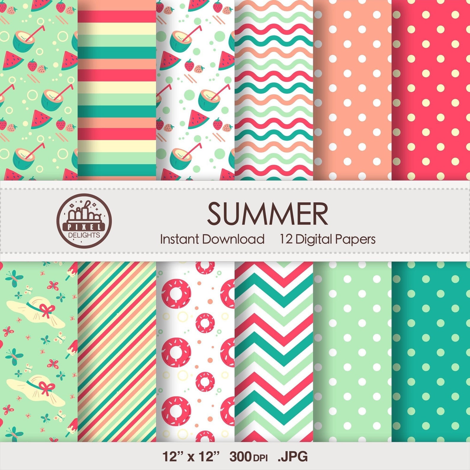 Summer Digital Paper, "summer" Scrapbook Paper of Watermelon, Coconut ...