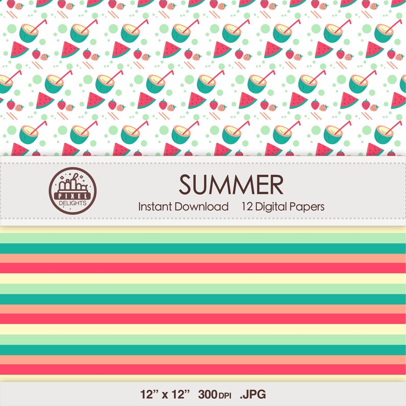 Summer Digital Paper, "summer" Scrapbook Paper of Watermelon, Coconut ...