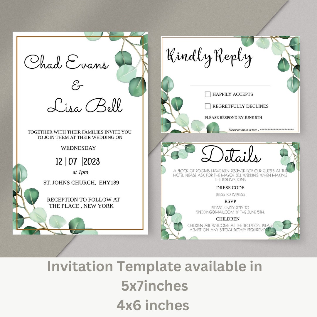 Modern Eucalyptus Editable Wedding Invitation Set Template,wedding ...
