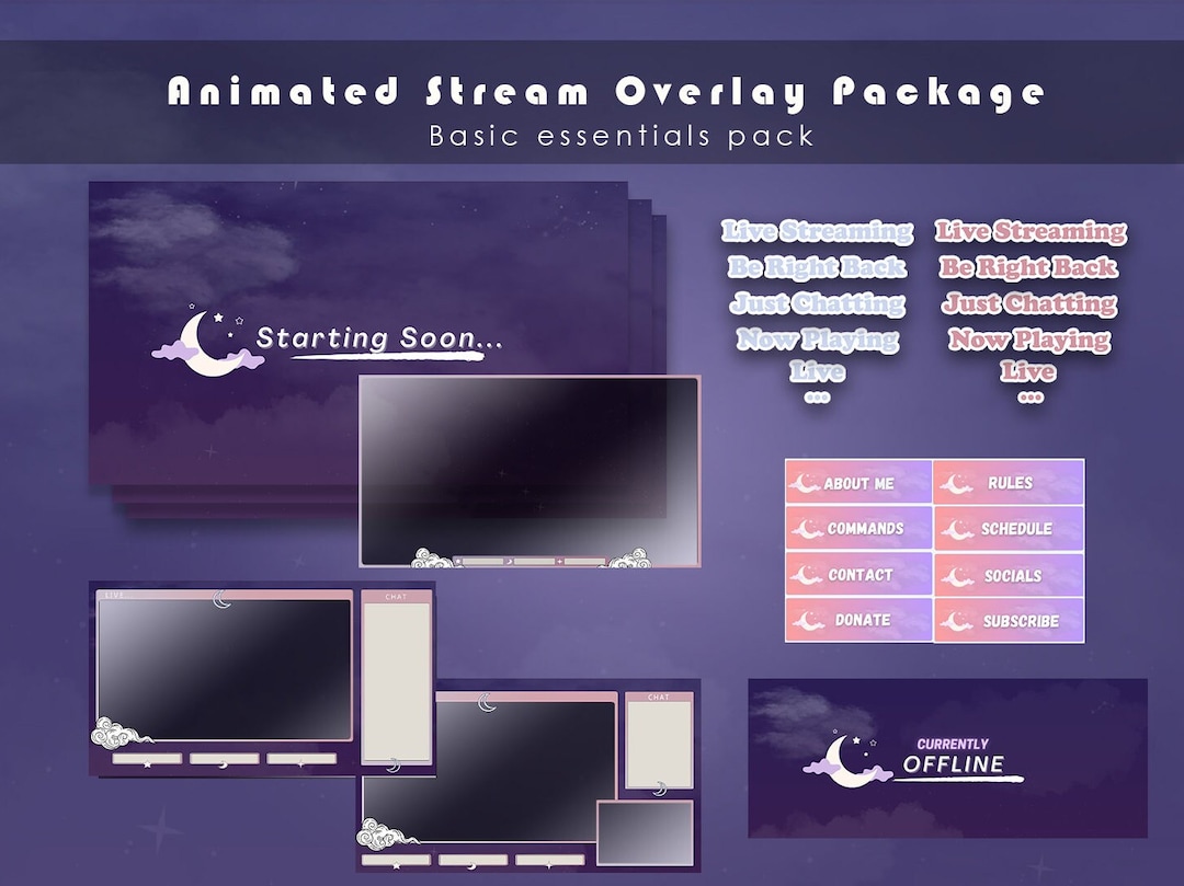 Cute Animated Basic Twitch Overlay Streaming Pack Essence of Dusk Cute ...