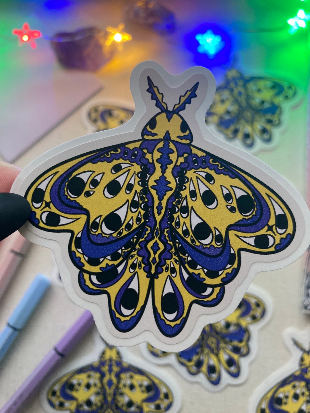 Trippy Psychedelic Moth Sticker Art. Blue and Yellow Moth With Eye ...