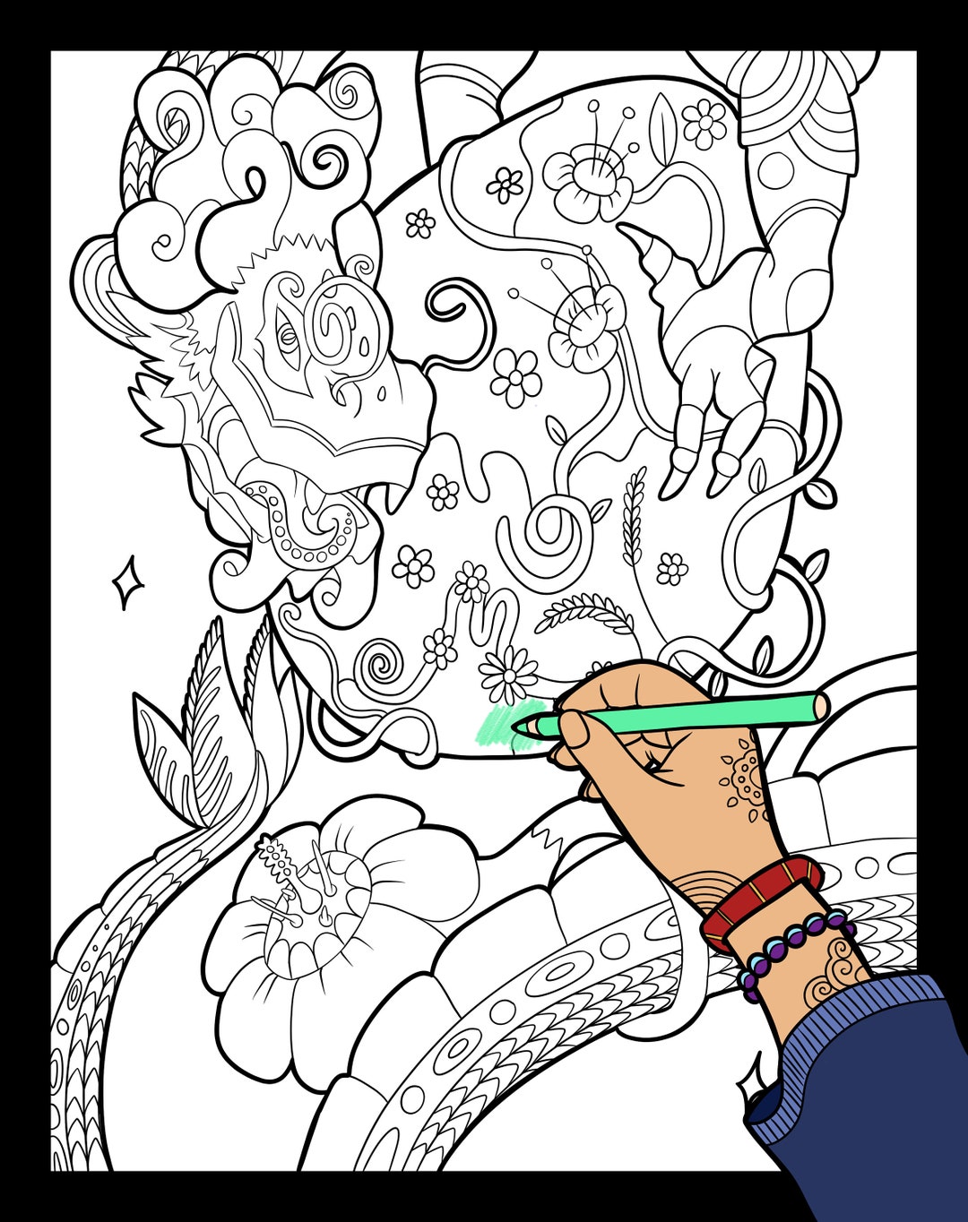 Hand-drawn Digital Coloring Page Printable Artful Lineart Print ...
