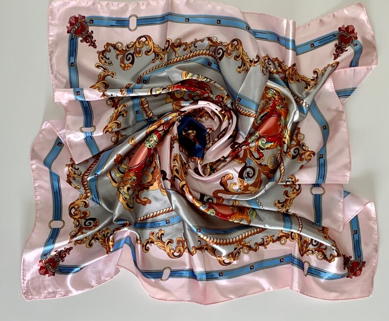 Silky Satin Scarf Square, Light Pink, Blue & Gold Patterned Gift, for ...