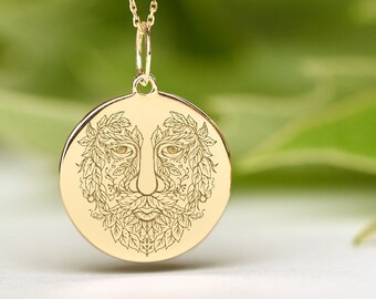Green Man Pendant 14K Gold With Tsavorite Eyes Greenman Necklace Leaf ...