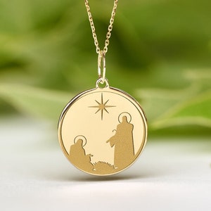 14k Solid Gold Manger Scene Necklace • Dainty Jesus in Manger Pendant ...