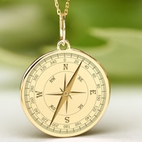 Real 14k Solid Gold Compass Necklace, Personalized Back Side Engrave ...
