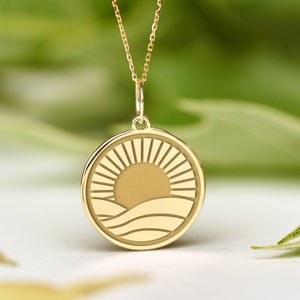14k Solid Gold Sun Necklace • Dainty Sunset Pendant • Personalized ...