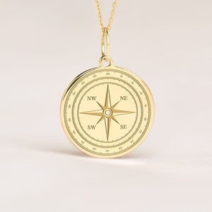 14k Solid Gold Compass Necklace • North Star Disc Pendant • Travel ...
