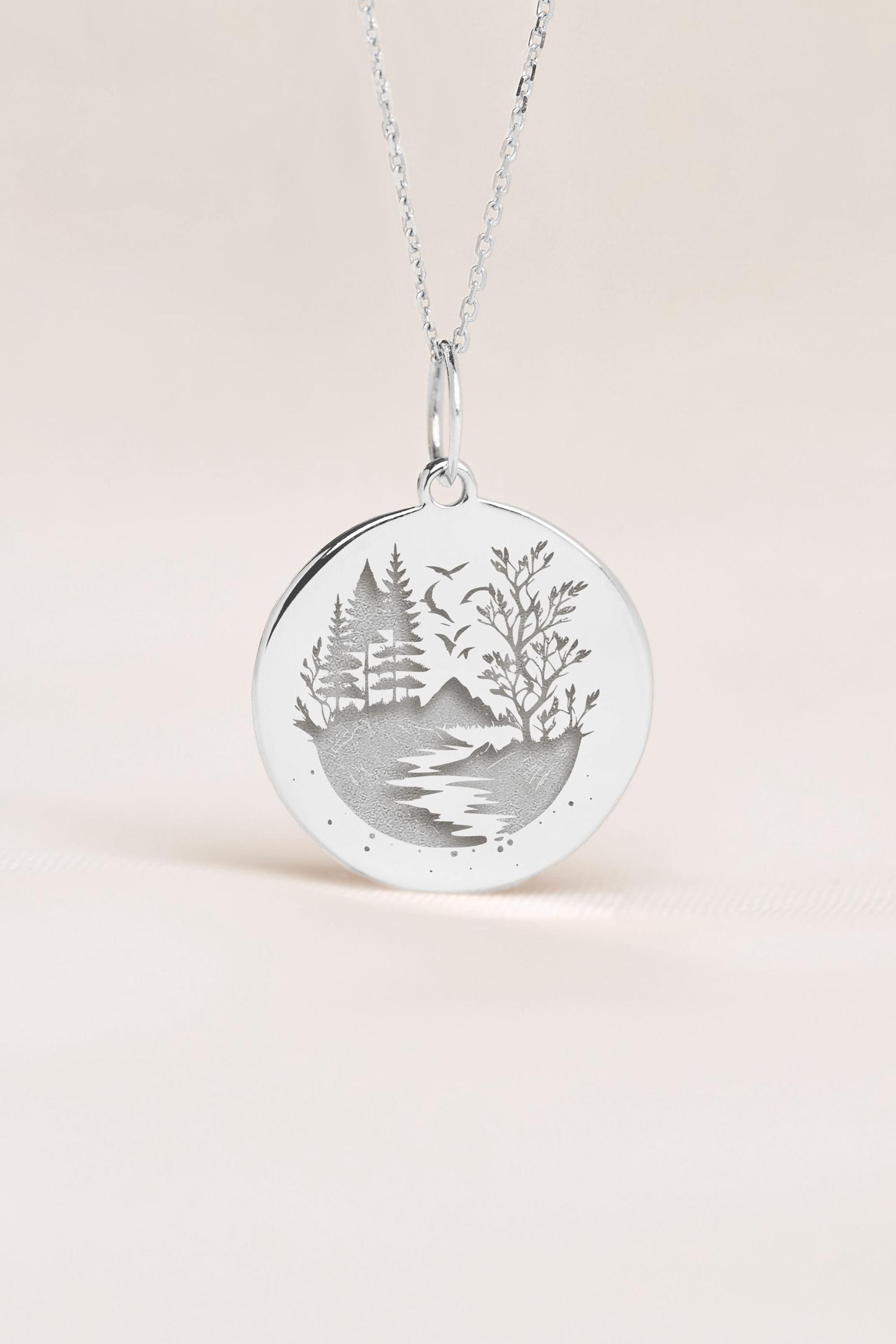 Sterling Silver Nature Landscape Necklace • Dainty Forest River Pendant ...
