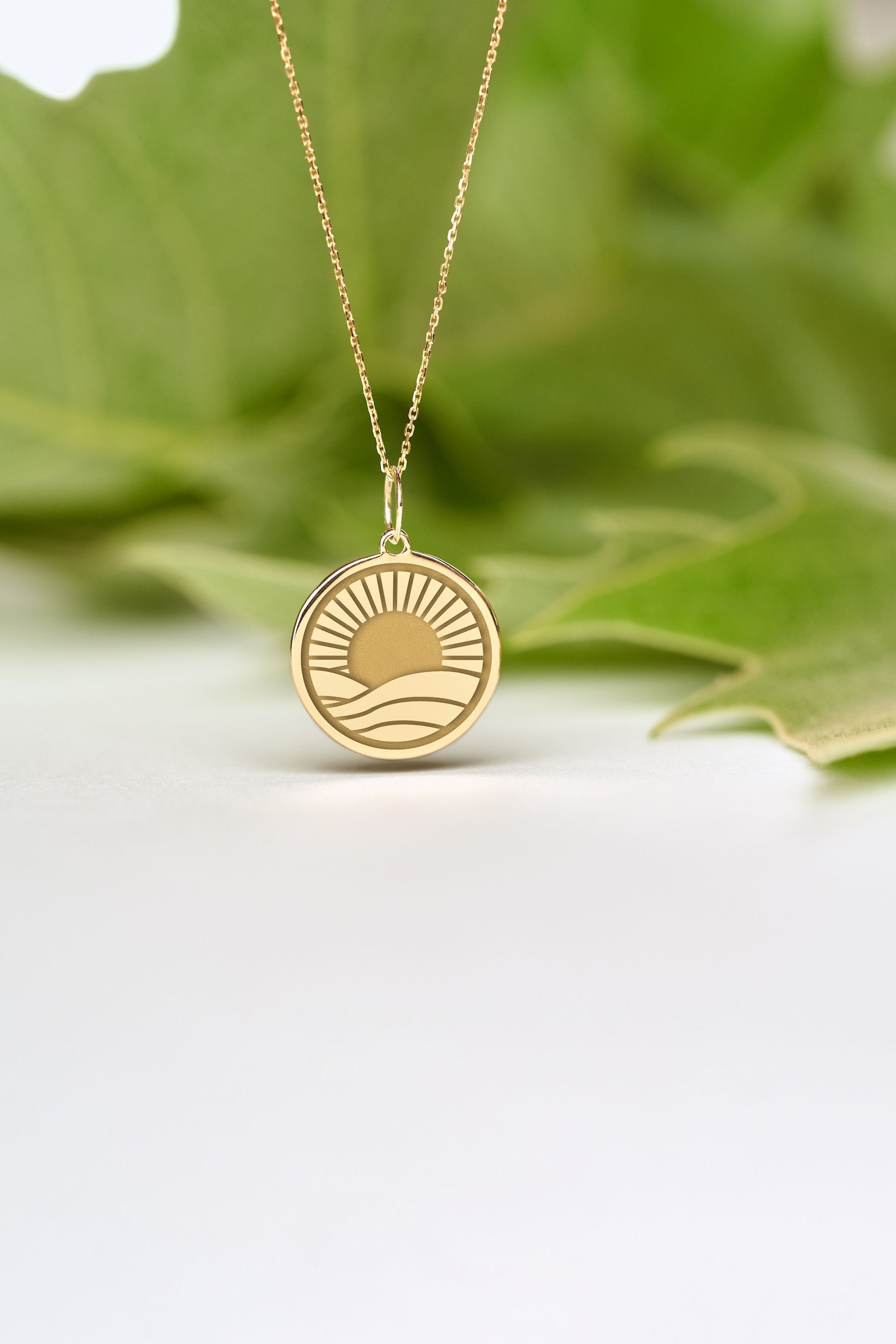 14k Solid Gold Sun Necklace • Dainty Sunset Pendant • Personalized ...