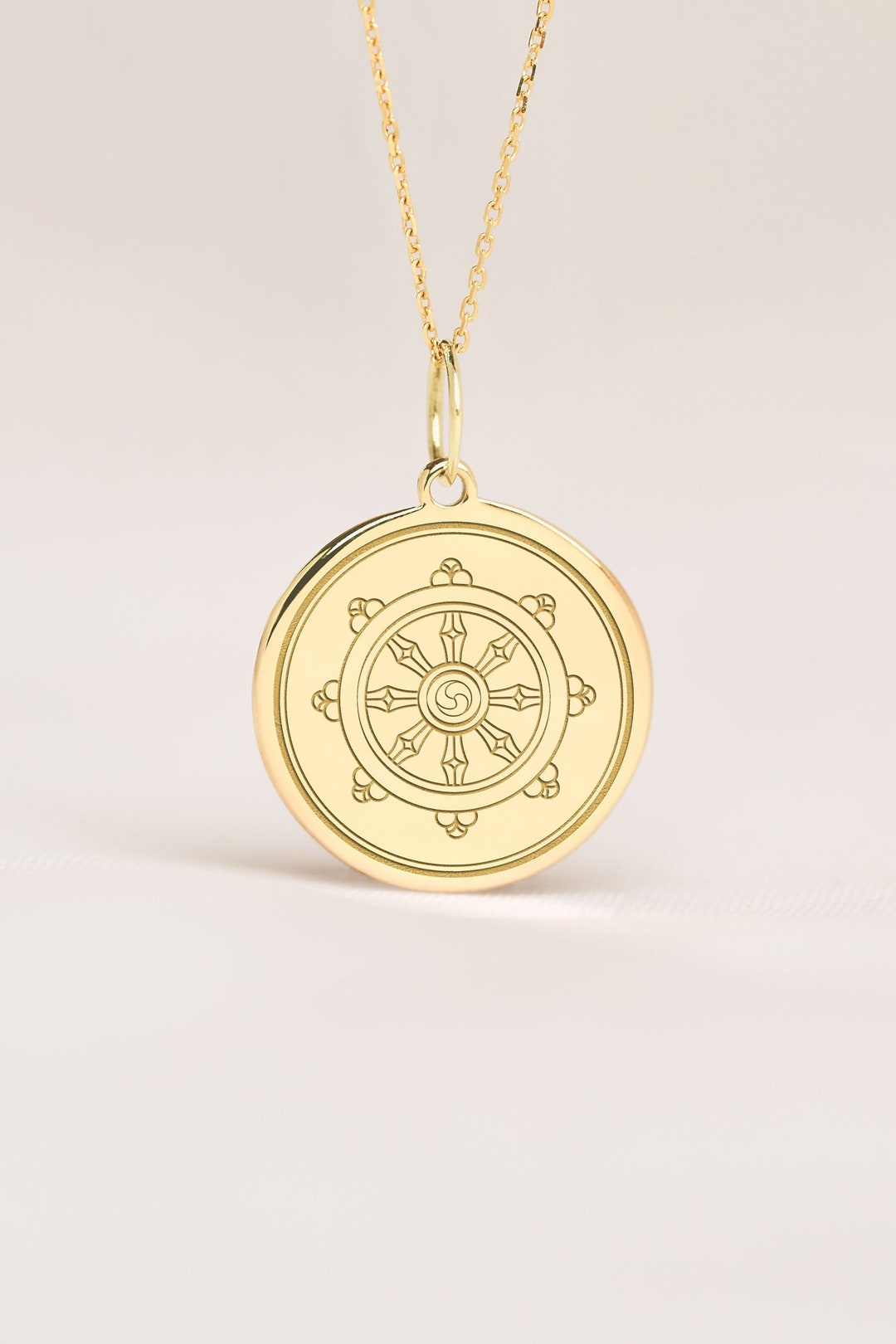 14k Solid Gold Dharma Chakra Necklace Dainty Dharma Wheel Pendant ...