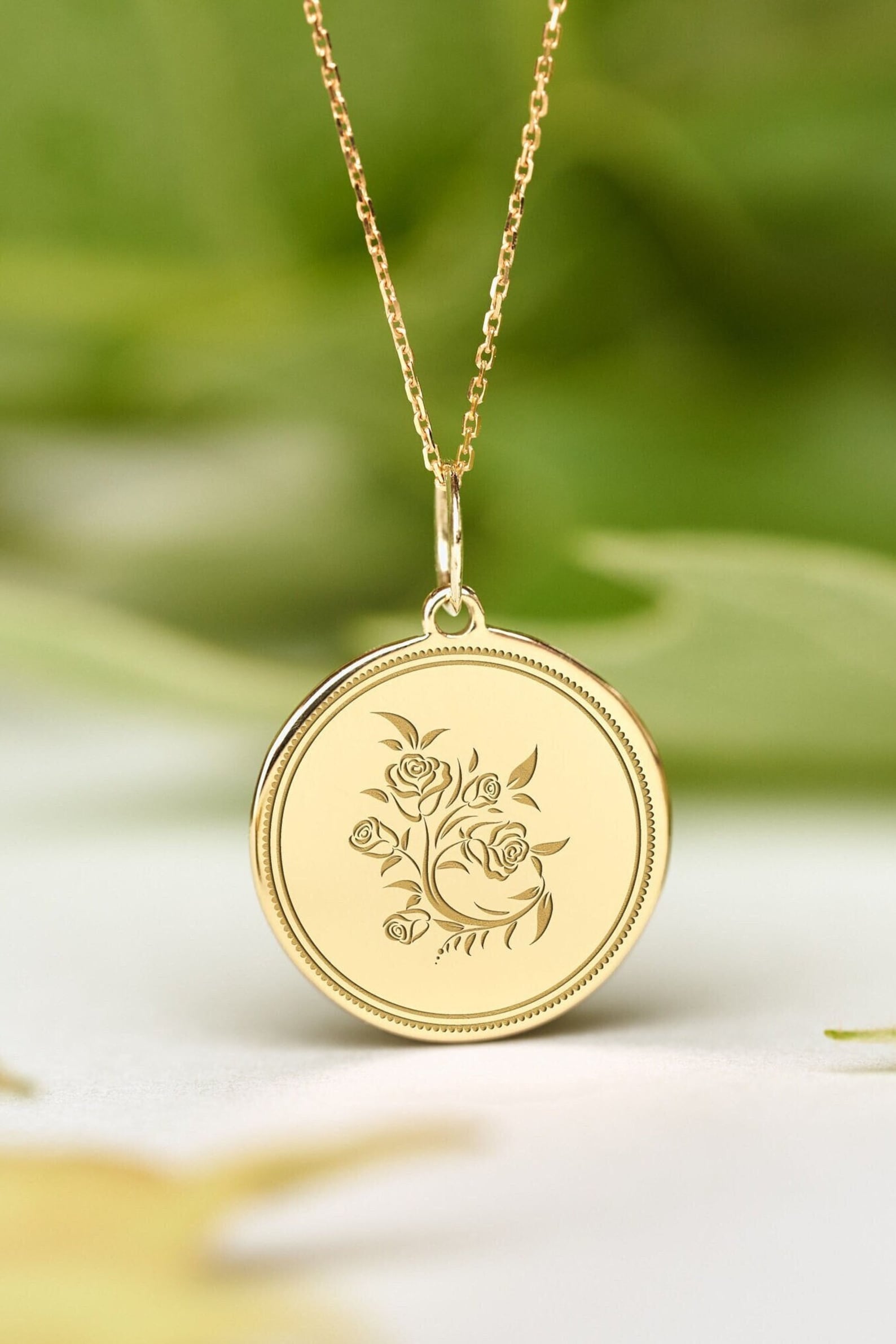 14k Solid Gold Rose Necklace • Engraved Floral Disc • Dainty Botanical ...