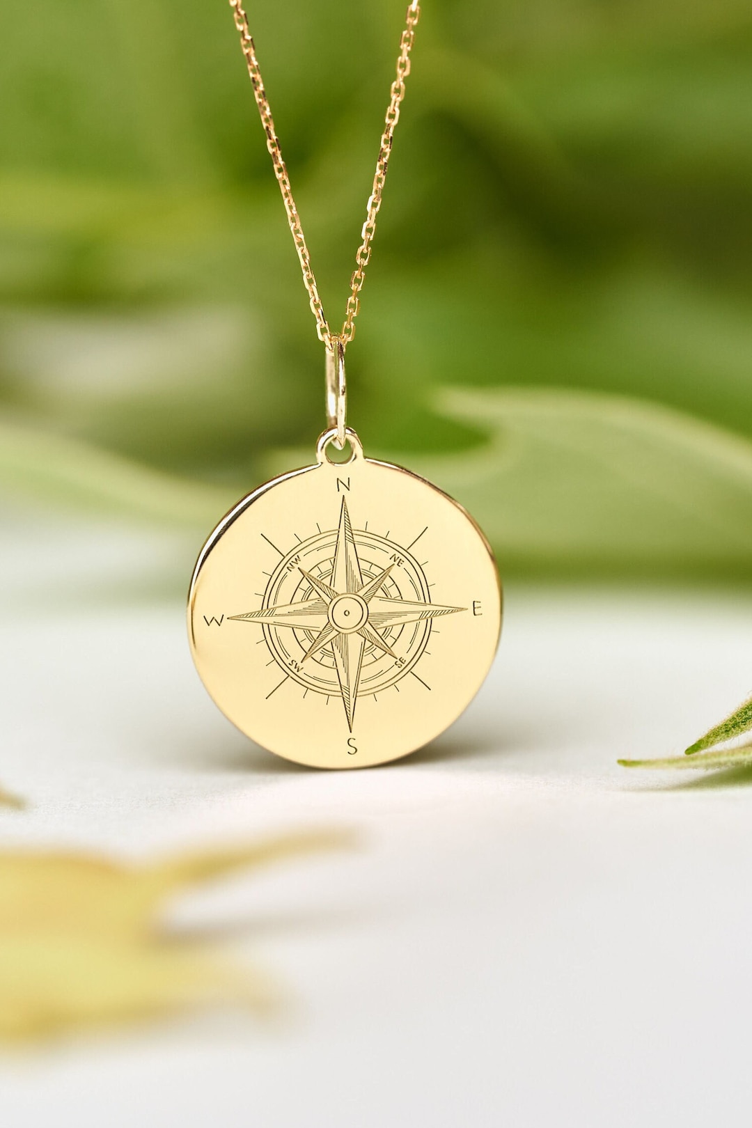 14k Solid Gold Compass Necklace • Dainty Compass Pendant • Personalized ...