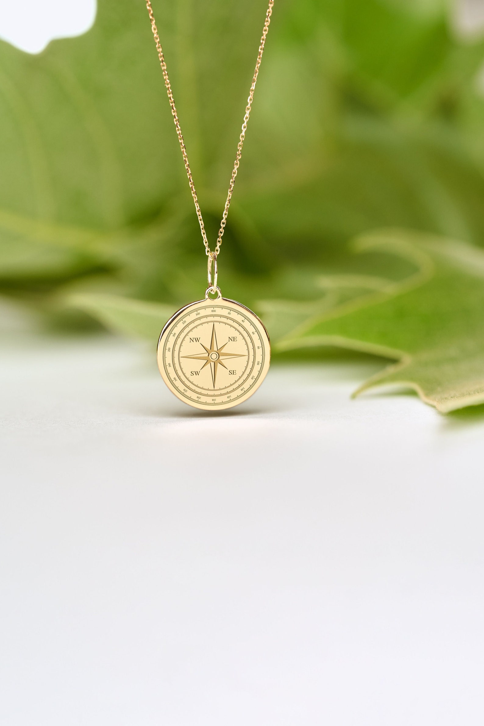 14k Solid Gold Compass Necklace • North Star Disc Pendant • Travel ...