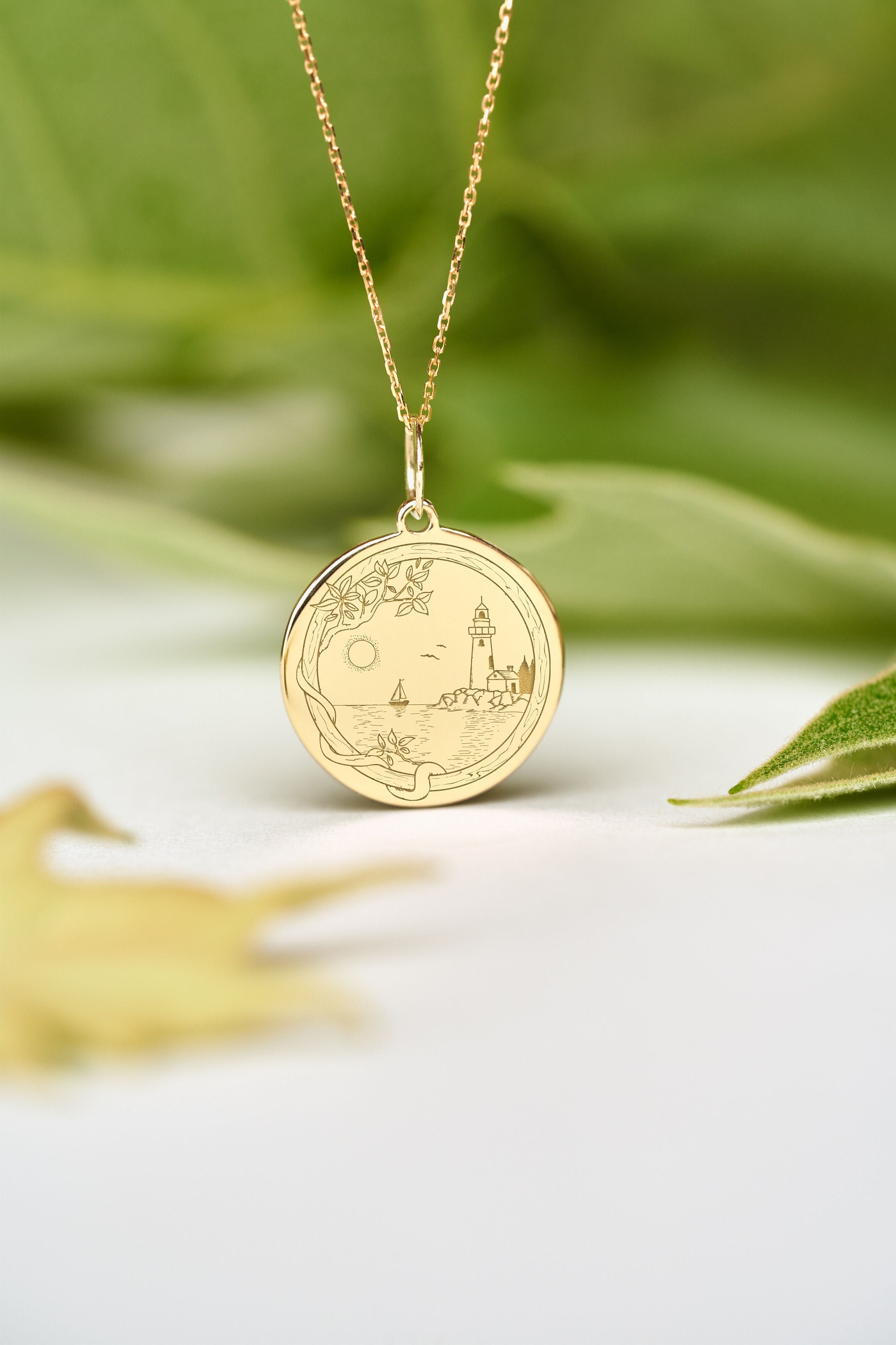 14K Solid Gold Lighthouse Necklace Dainty Nautical Scene Pendant ...