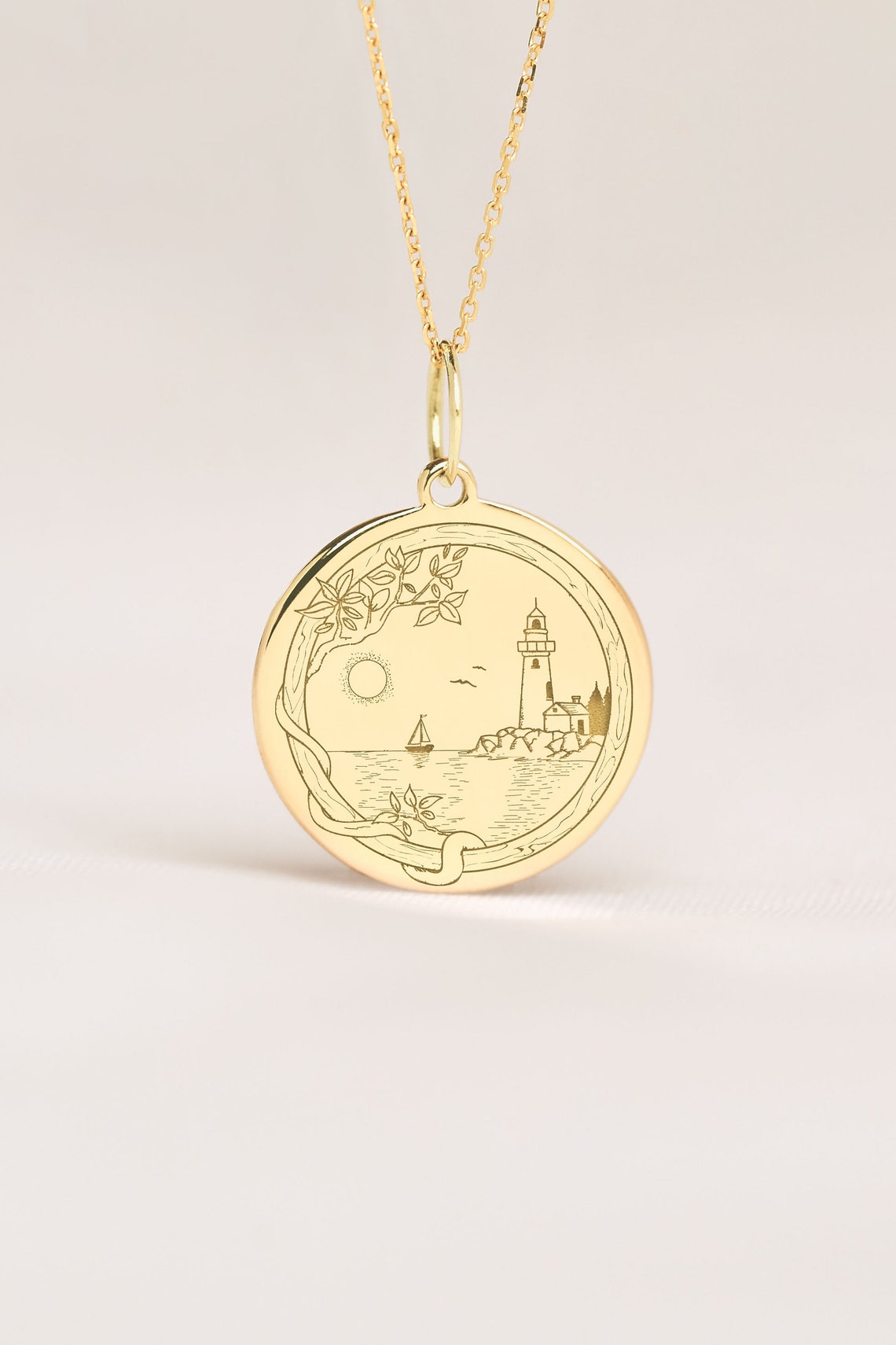 14K Solid Gold Lighthouse Necklace Dainty Nautical Scene Pendant ...