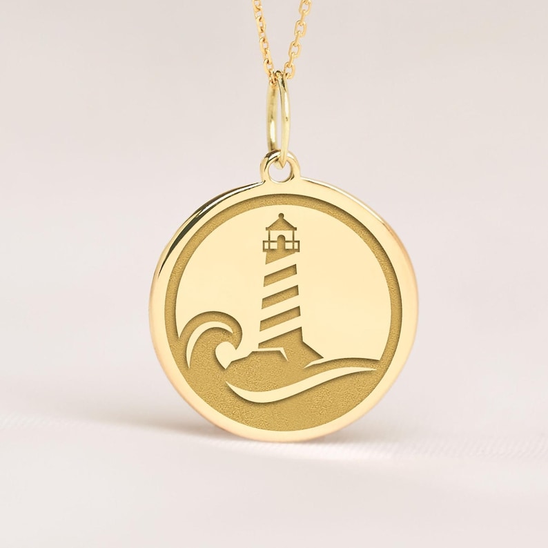 14k Solid Gold Lighthouse Necklace • Dainty Nautical Disc • Minimal Sea ...