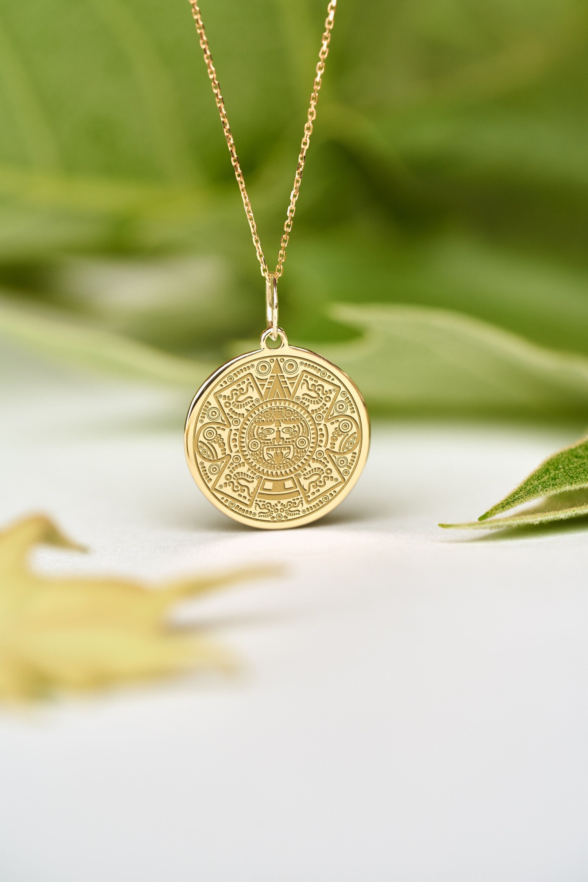 14k Solid Gold Maya Calendar Necklace Dainty Maya Calendar Pendant ...